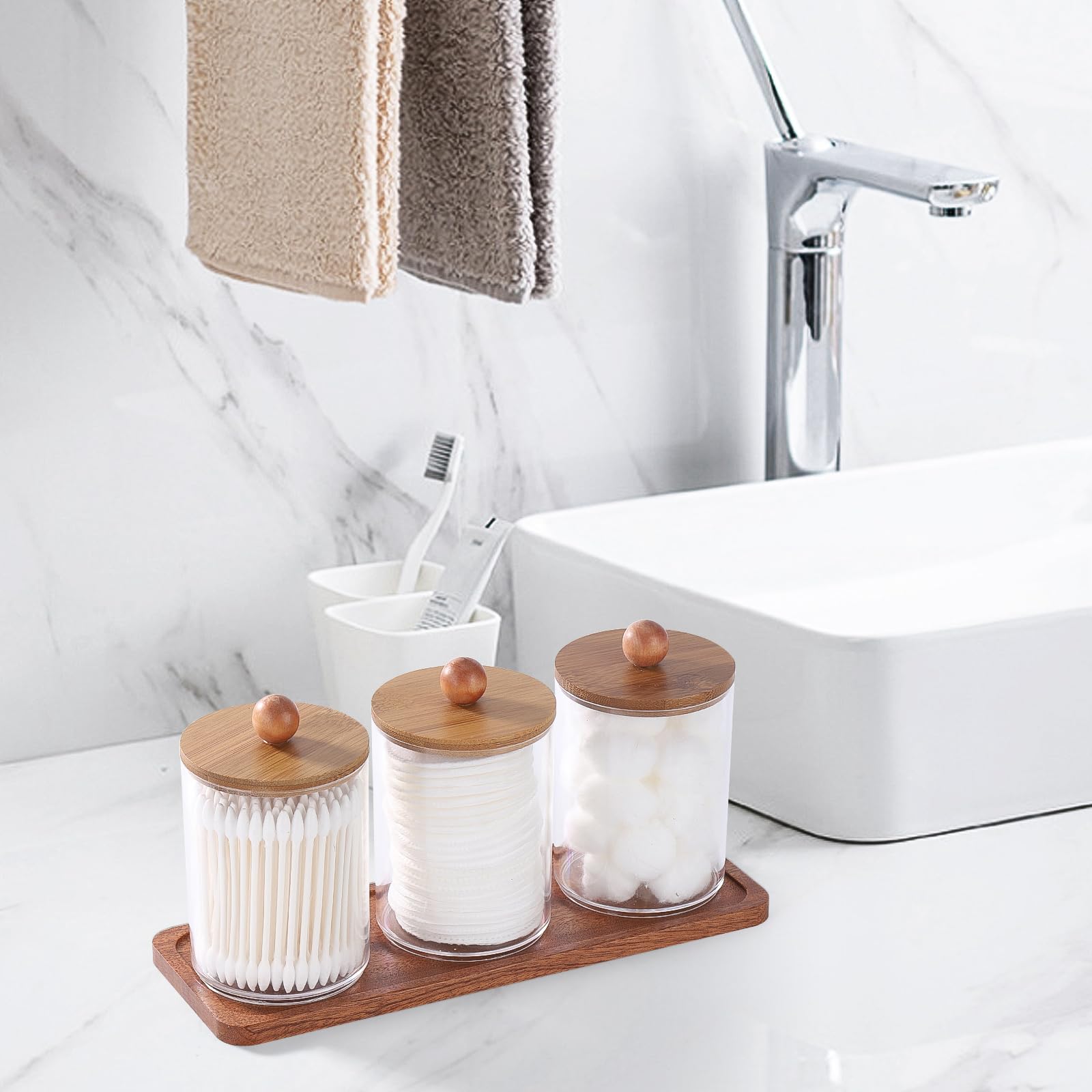 Tbestmax 10oz Qtip Holder Cotton Swab/Ball/Pad Holder with Vanity Tray, Clear Bathroom Containers Dispenser for Storage 3 Pack Wood Lids