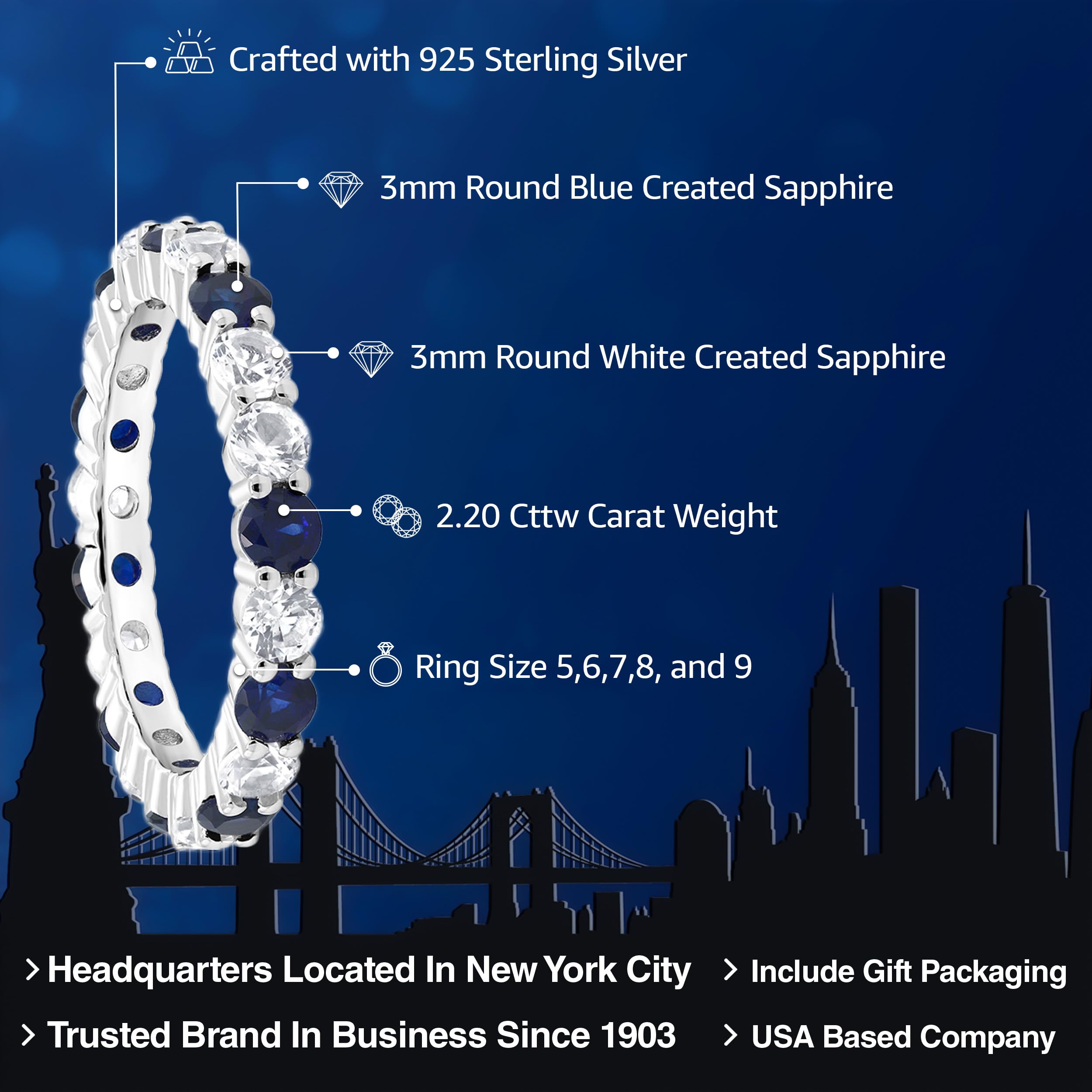 Gem Stone King 925 Sterling Silver Blue and White Created Sapphire Eternity Wedding Band Ring For Women (2.20 Cttw, Available In Size 5, 6, 7, 8, 9)