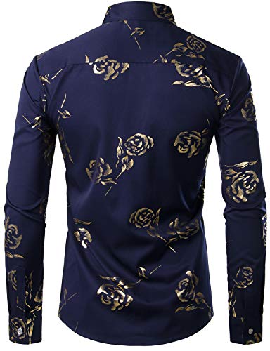 ZEROYAA Men's 3D Golden Rose Printed Slim Fit Long Sleeve Button Down Floral Dress Shirts ZZCL30 Navy Blue Small