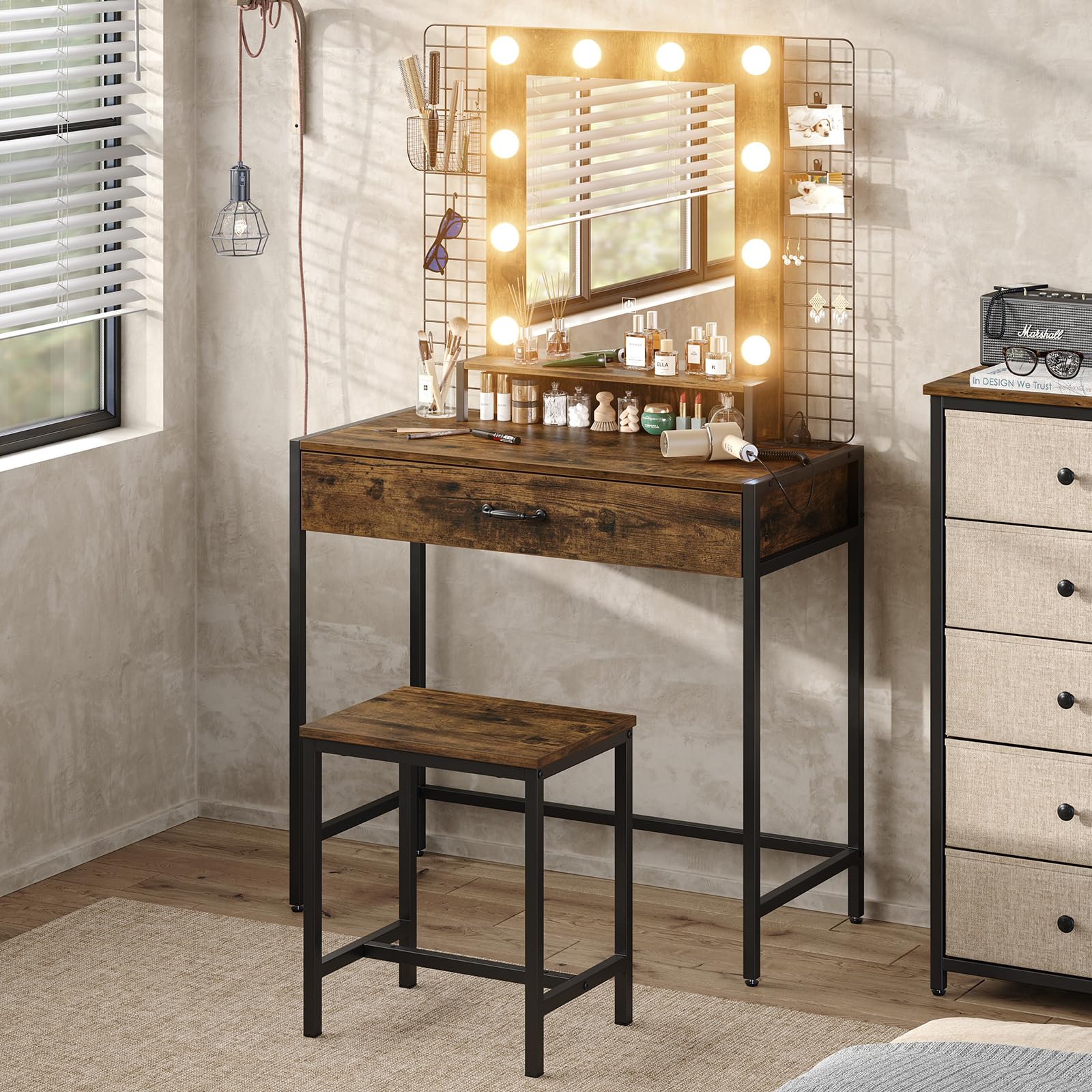 Furniouse 33" W Vanity Desk, Vanity Mirror with Lights and Table Set with Drawers, Vanity Set 3 Lighting Modes Brightness Adjustable for Bedroom Studio