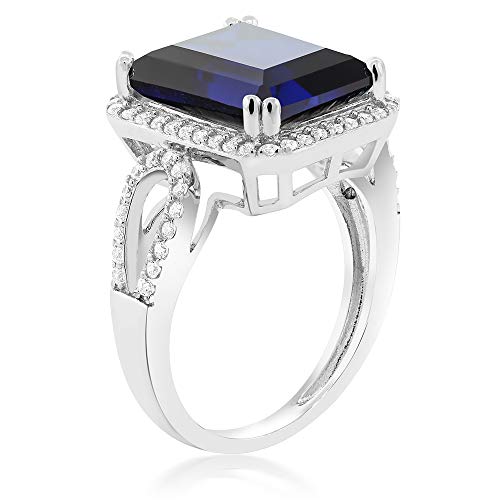 Gem Stone King 5.00 Cttw Blue Simulated Sapphire Ring For Women In 925 Sterling Silver | 12X10MM Emerald Cut | Available In Size 5, 6, 7, 8, 9