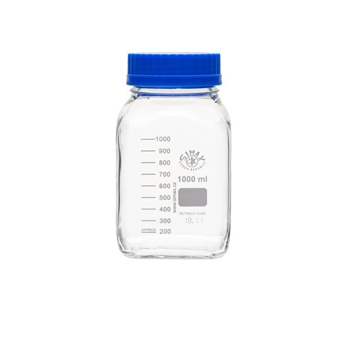 United Scientific™ SIMAX BSWM1000 GL80 Leakproof Media/Storage Bottles, Wide Mouth, Square, 3.3 Borosilicate Glass, 1000mL (1L), 1 Each