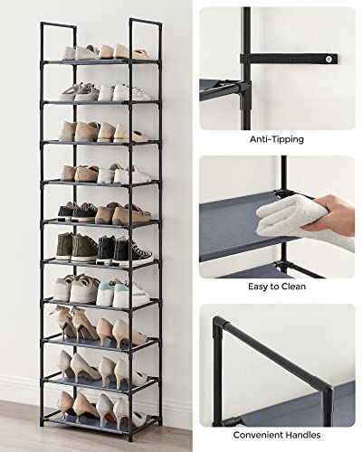 SONGMICS Shoe Rack, 10 Tier Shoe Shelf, Shoe Storage Organizer, Space-Saving, 11 x 17.7 x 68.1 Inches, Metal Frame, Non-Woven Fabric Shelves, for Entryway, Bedroom, Grey ULSH010G01