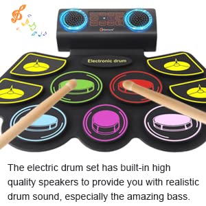 Genround Electronic Drum Set, Kids Drum Set with Stand(9 Pads), with Music Recording, Drum Sticks, Drum Pedal, 10 Unique Rhythms, Bulit-in Double Speakers