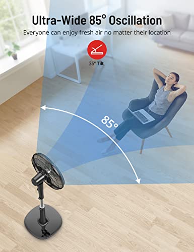 PARIS RHÔNE Fans for Home Bedroom, Oscillating Fan with Remote,16" Standing Floor Fans for Home, Dual Blade with 3 Wind Modes 12 Speed Levels,18-Hour Timer, Adjustable Height 44 to 53.1 Inch, Black