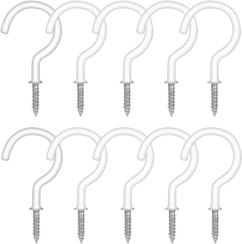 QEZEZA 10 Packs of Vinyl Coated Ceiling Hooks, Plant Hooks, Kitchen Hooks, Hanging Hooks, Kitchen Hooks for Indoor and Outdoor use, 2.9-inch Silver Spiral Hooks, (White)