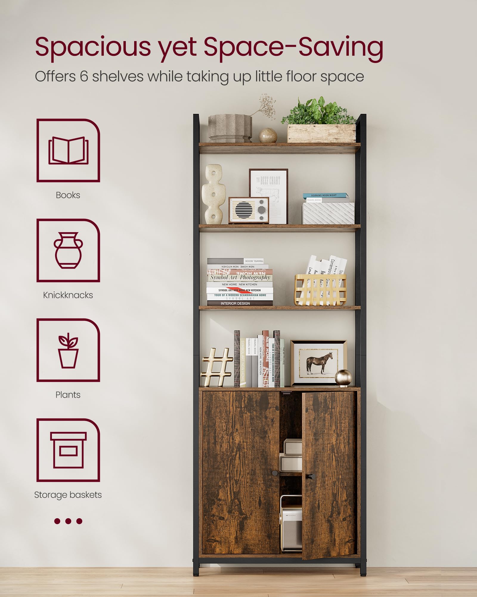 VASAGLE 6-Tier Bookshelf, Tall Bookcase with Door, Steel Frame, Adjustable Shelves, 9.4 x 23.6 x 62.8 Inches, Living Room Bedroom, Rustic Brown and Ink Black ULLS133K01