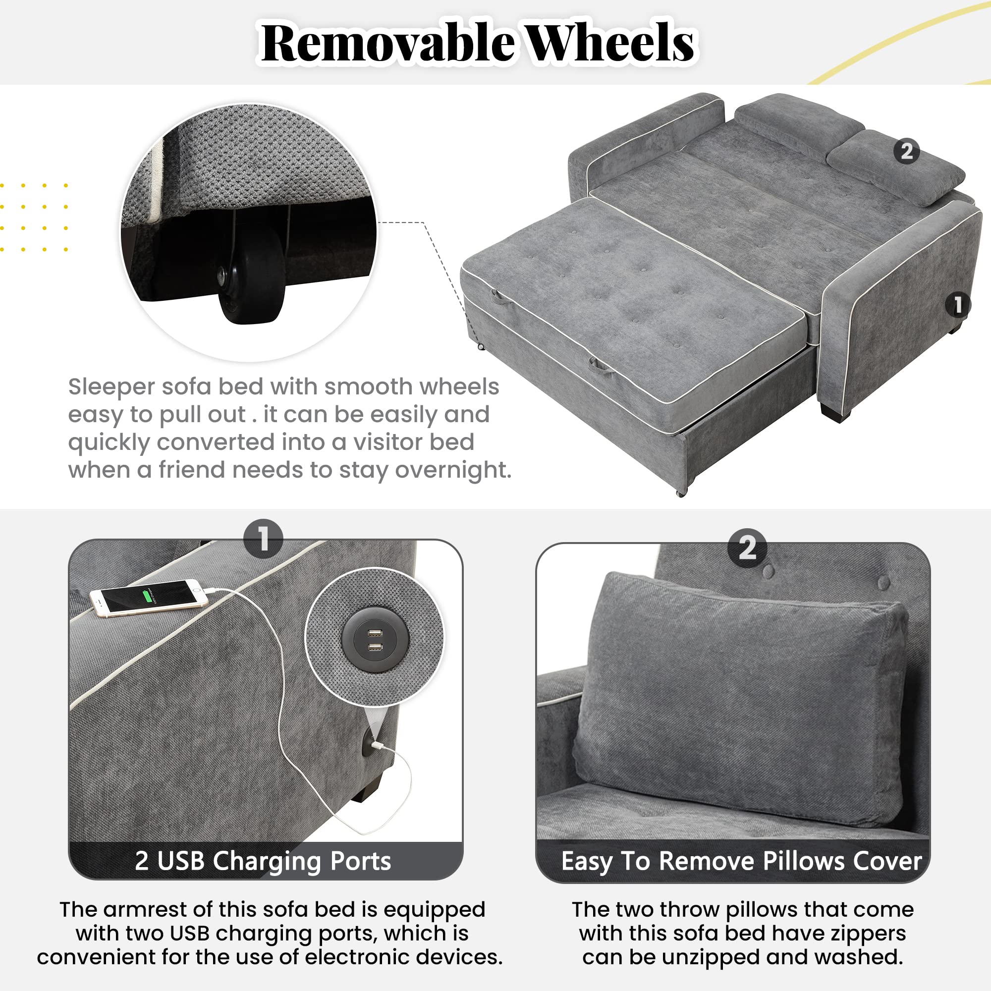 Merax Pull-Out Sofa Bed with Adjustable Backrest, Linen Upholstered Convertible Sleeper Couch with Two Throw Pillows and USB Charging Port, 2 Seat Loveseat Lounge for Living Room, 65.7", Charcoal Grey