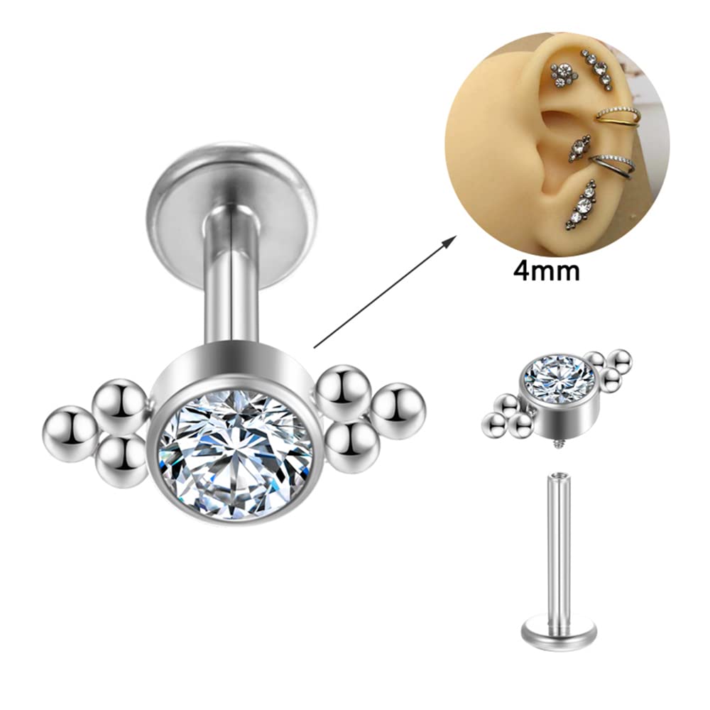 Lip Stud 16g For Women Sterling Titanium G23 Symmetrically shaped beads Labret Studs Zirconia Earrings Piercing Helix Ear Cartilage Tragus Studs Earrings Lip Monroe Piercing 1 PCS (cd011, Titanium)