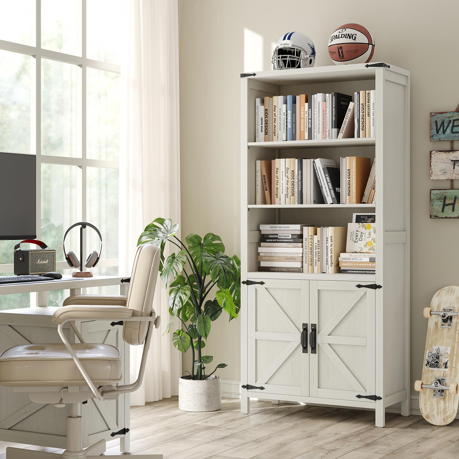 furomate Farmhouse Bookcase and Bookshelf with Doors, 5-Shelf Bookcase Adjustable Bookshelf, Wood Bookcase Tall Storage Cabinet for Bedroom, Living Room, Kitchen, White