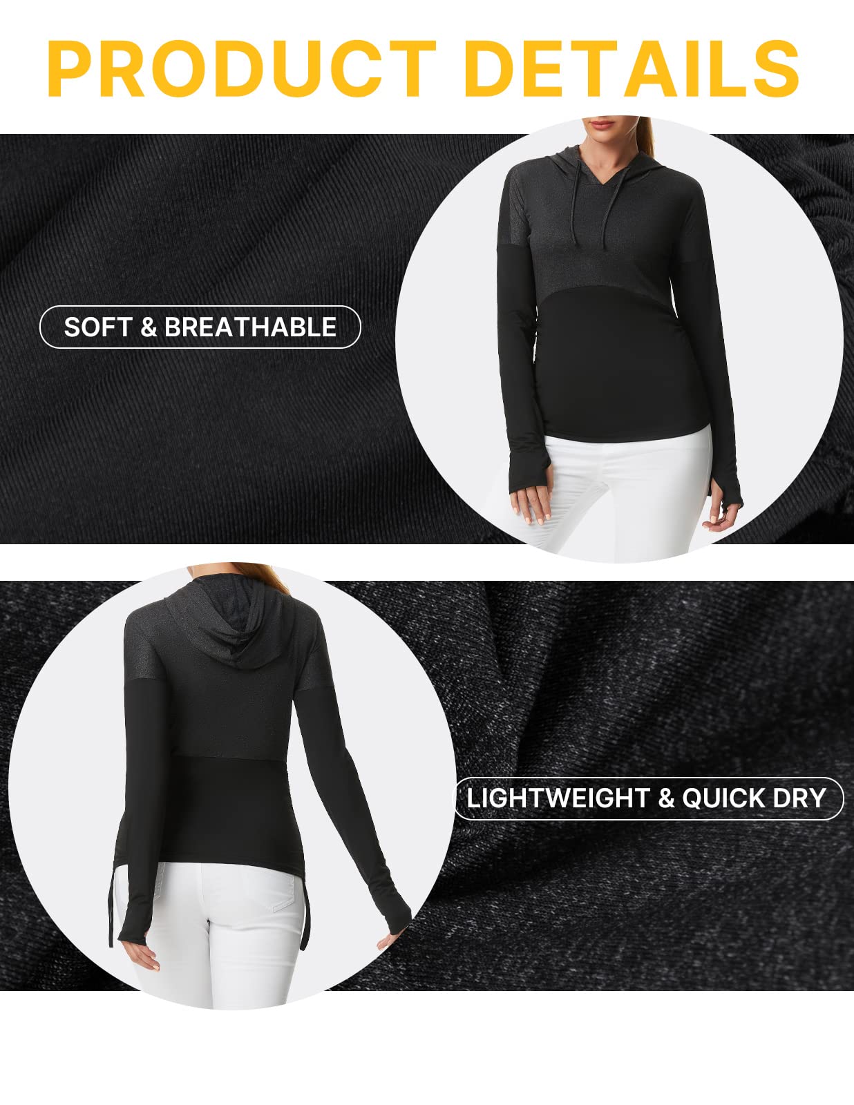 JACK SMITH Women's Quick Dry Shirts Long Sleeve for Hiking Workout UPF 50+ Lightweight Hoodie with Drawstring (Gray&Black #Thicker Fabric, S)