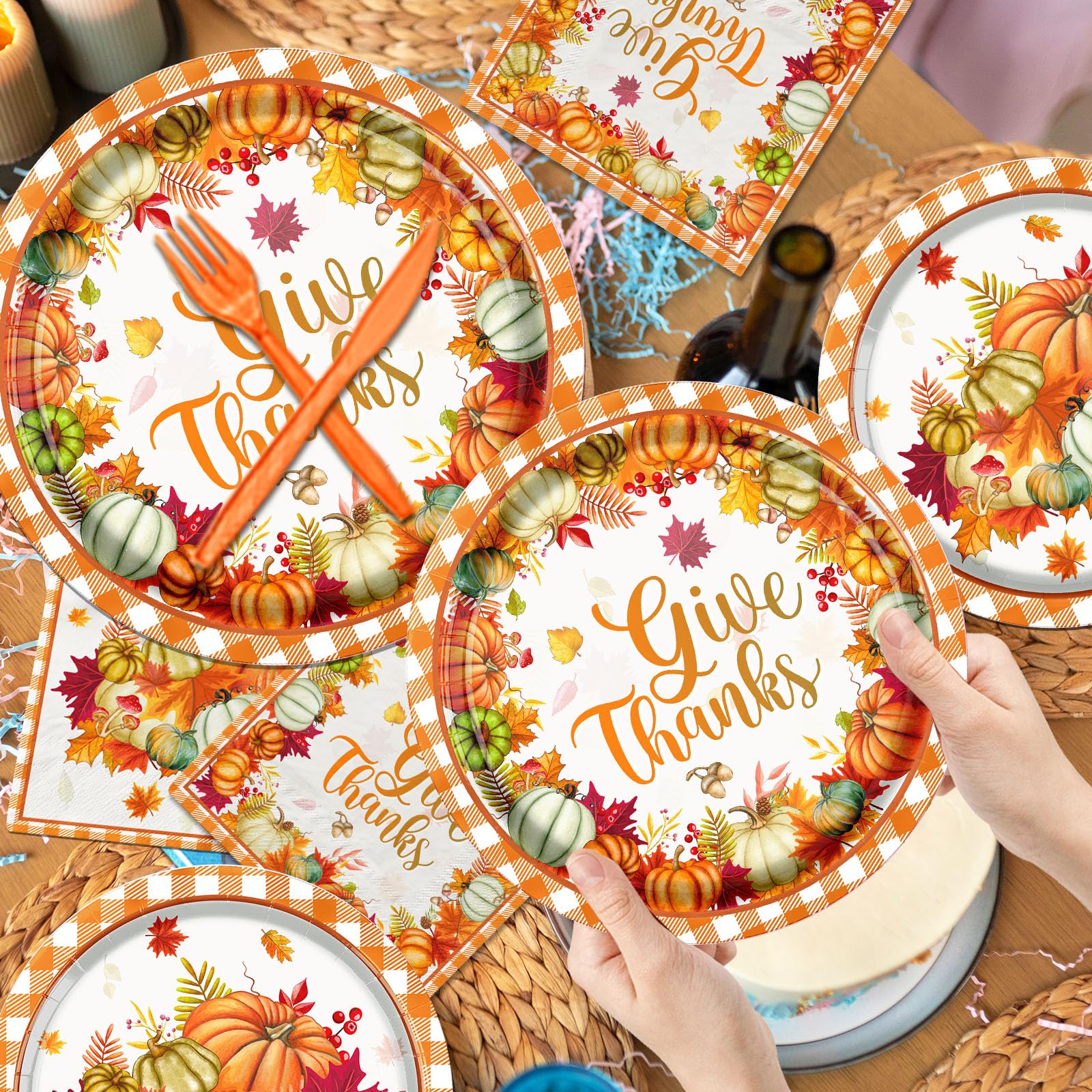 Thanksgiving Party Supplies,142pcs Fall Theme Tableware Set Include Give Thanks Plates Cups Napkins Plastic Tablecloth for Autumn Harvest Thanksgiving Party Supplies