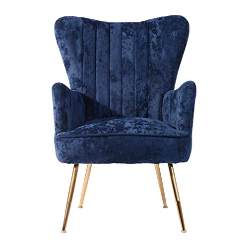 FurnitureR Velvet Living Room Chair Upholstered with Soft High Wing Back Leisure Reading Seat with Armrest for Corner Apartment, Dark Blue