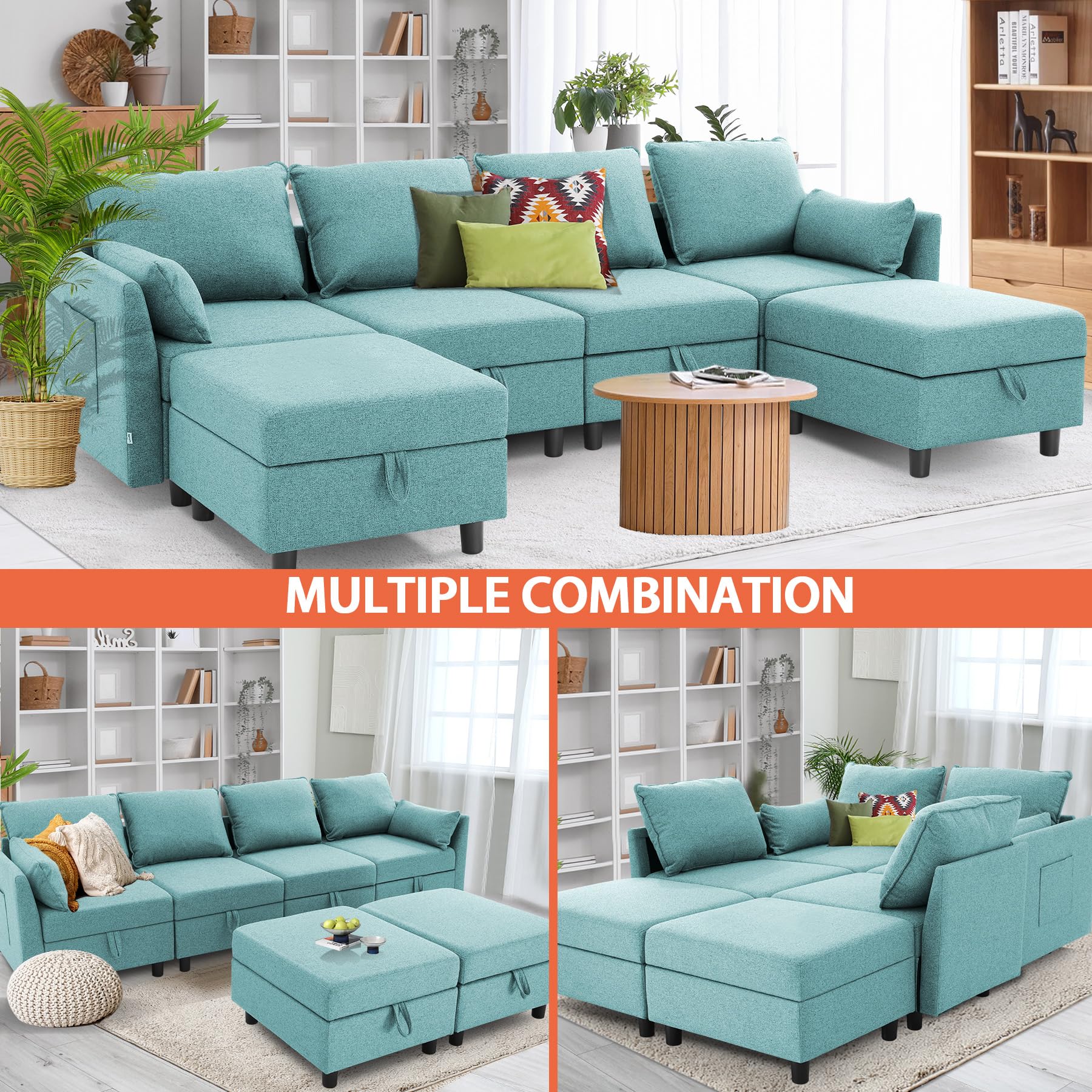 SEJOV Sleeper Sofa, 4-in-1 Convertible Ottoman Couch Bed, Modern Blue Line Futon Couch with 2 Pillows Adjustable Backrest and Armrests, Foldable Loveseat for Apartment Dorm, Office, Light Blue