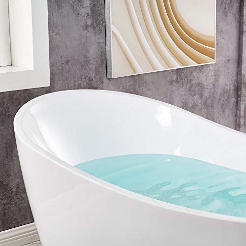 WOODBRIDGE 59" Acrylic Freestanding Bathtub Contemporary Soaking White Tub with Chrome Overflow and Drain,B0016 -C-Drain &O