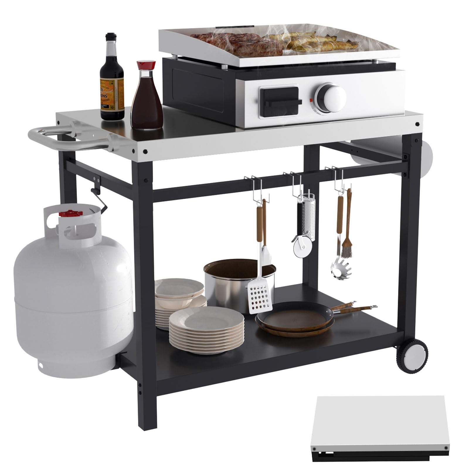 GLOWYE Grill Carts Outdoor with Wheels Portable Griddle Stand Pizza Oven Table, Multifunctional Double-Shelf Blackstone Cart Griddle Table for Blackstone, Ninja Grills, Black