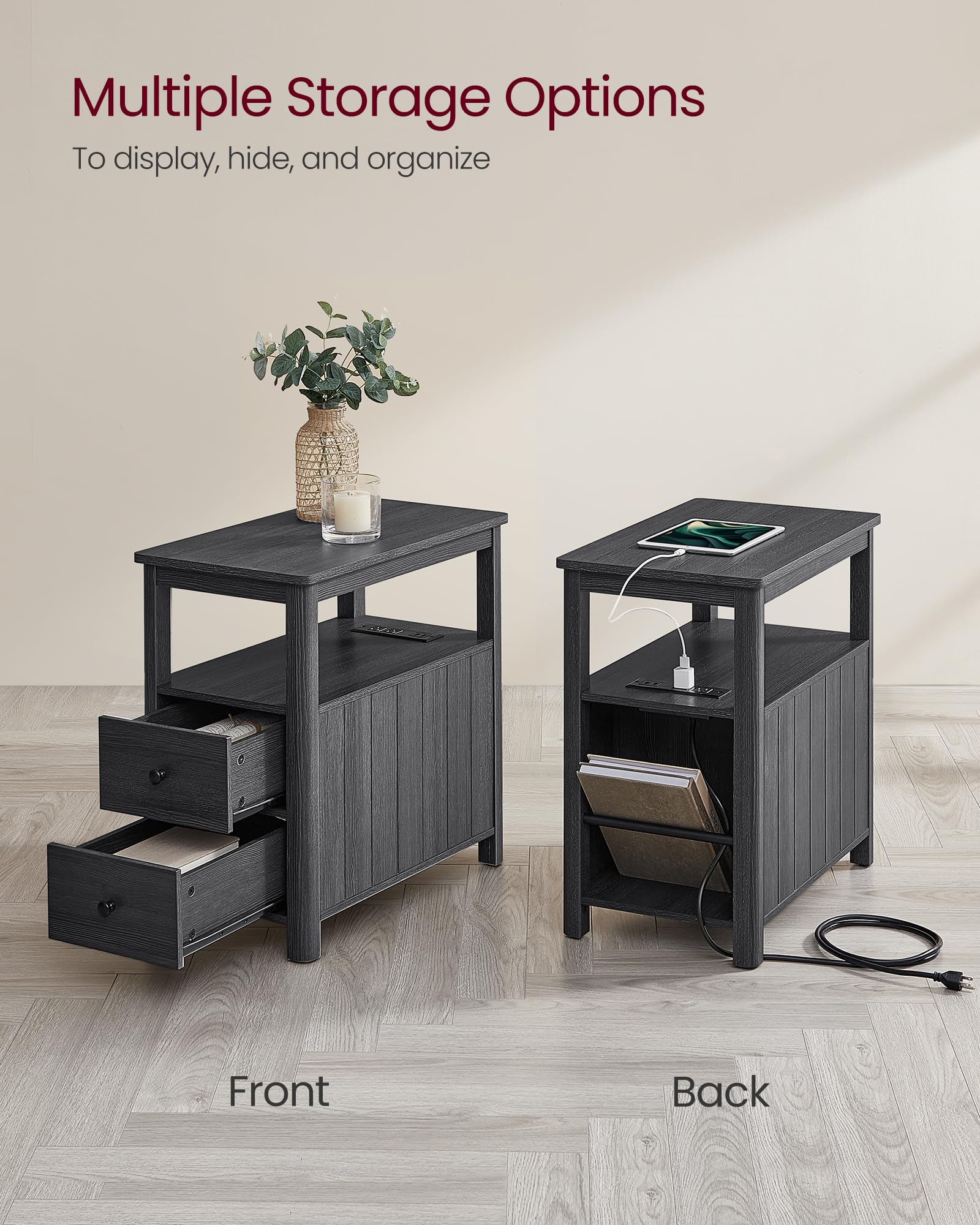 VASAGLE Side Table with Charging Station, Narrow Nightstand with 2 Drawers, Living Room End Table with Storage, for Small Spaces, Coastal Style, Vintage White and Heather Greige ULET322W73