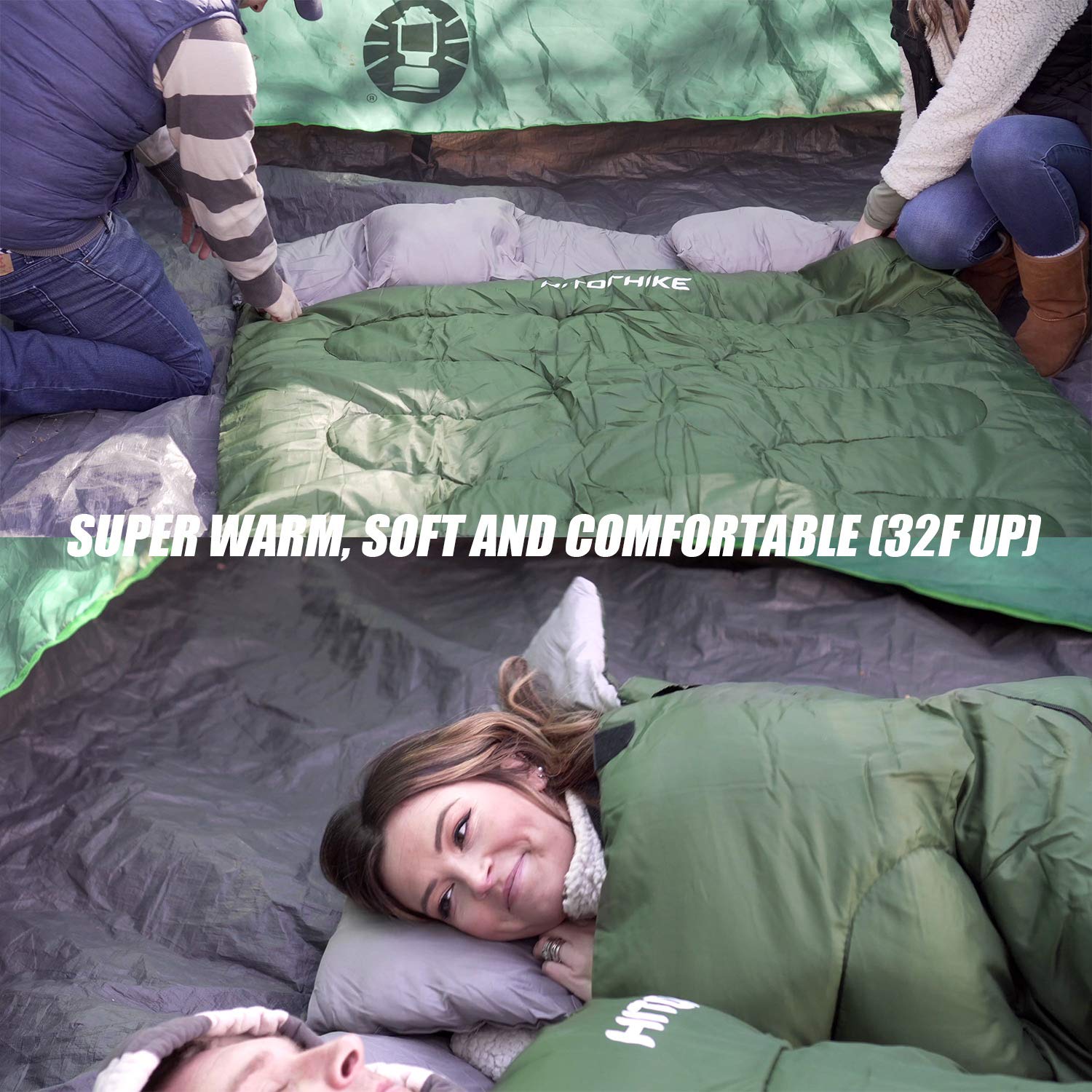 HITORHIKE Double Sleeping Bag for Adults 2 Person Backpacking Sleeping Bag with 2 Pillows 32°F Cold Weather Waterproof Sleeping Bag for Camping, Traveling, Outdoors (Green)