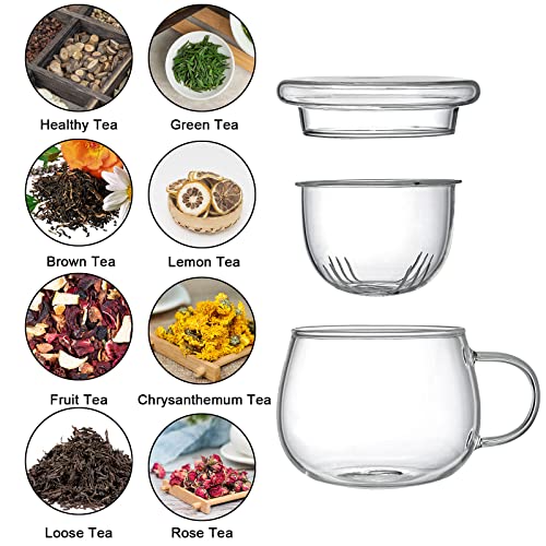 Tosnail 2 Pack 13 Ounce Glass Tea Cup with Lid and Tea Infuser Set, Tea Mugs with Strainer, Clear Teacups with Tea Filter, Glass Cups for Loose Tea Brewing