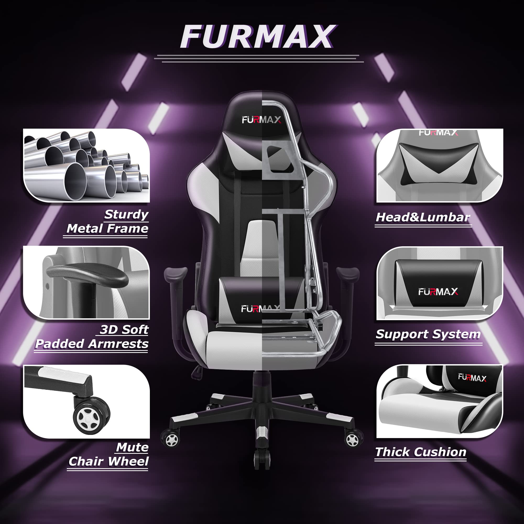 Furmax Video Gaming Chair Ergonomic PC Computer Office Chair Racing Leather Adjustable Swivel Chair with Headrest and Lumbar Support for Adults (Black/White)