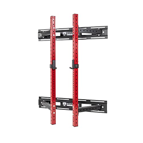 Signature Fitness 3” x 3” Wall Mounted Fold-in Power Cage Squat Rack with Adjustable Pull Up Bar and J Hooks - Space-Saving Home Gym, Red