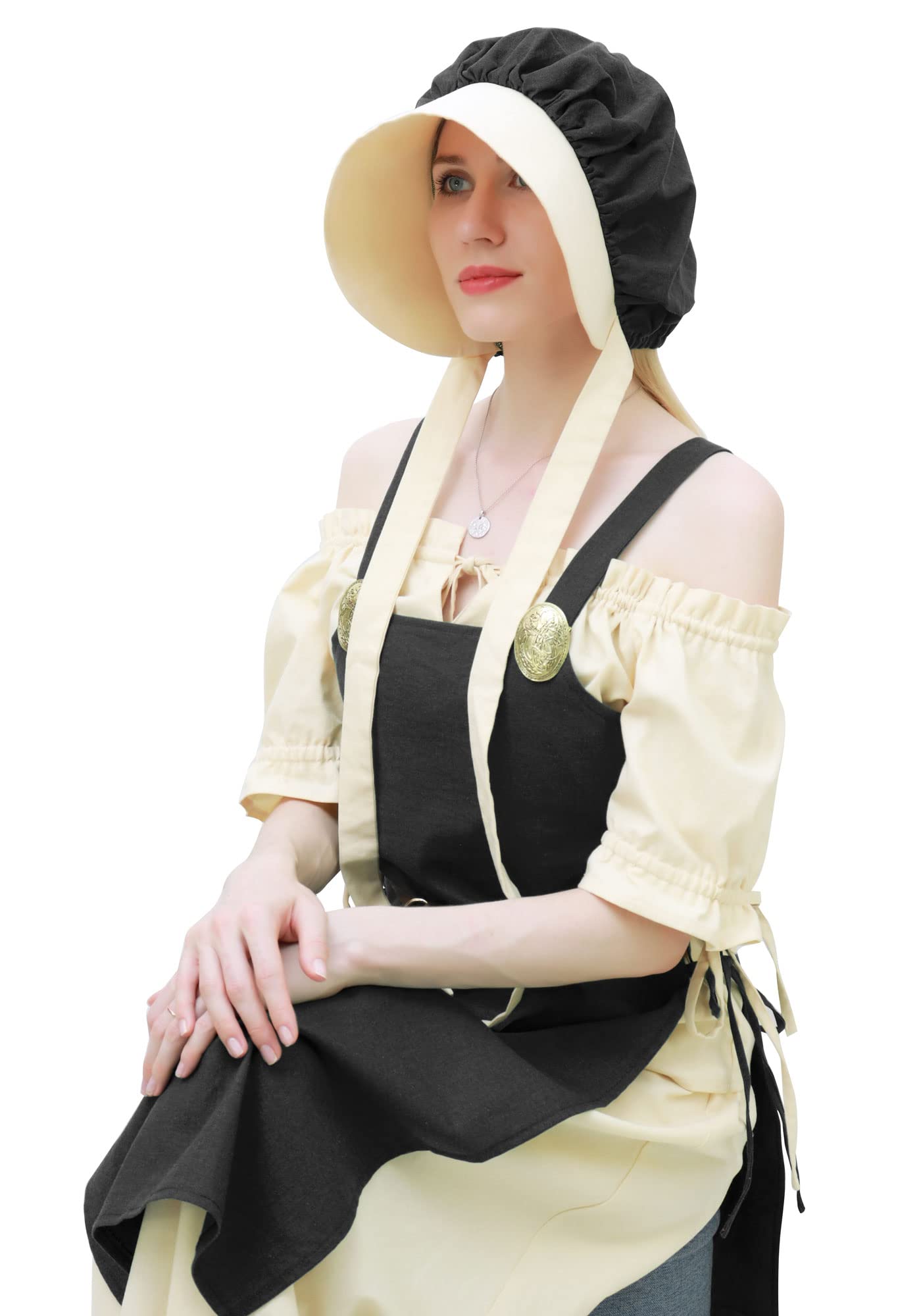 FURPHI Women's Colonial Pioneer Bonnet Hat Linen Victorian Pilgrim Headwear (Black)