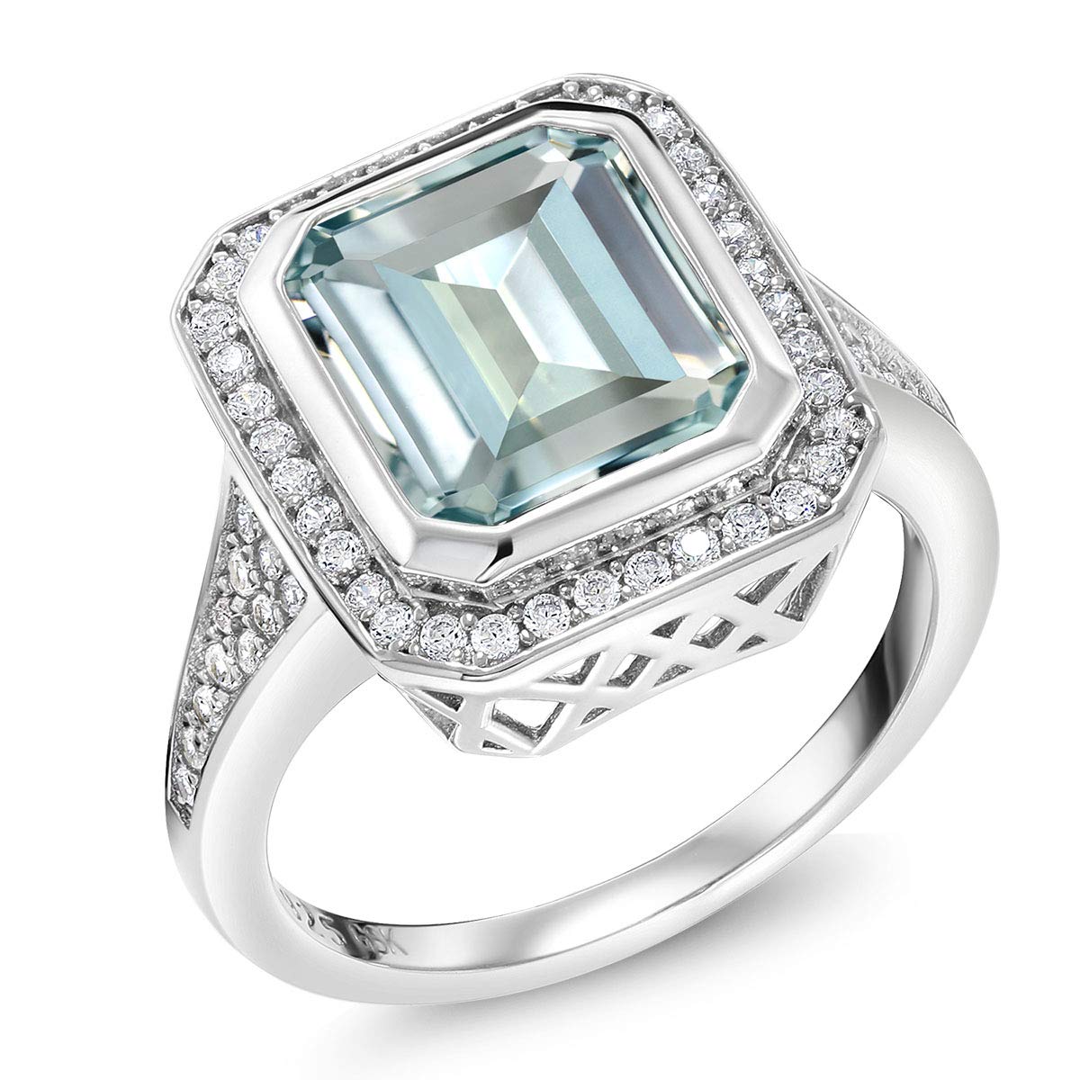 Gem Stone King 925 Sterling Silver Simulated Aquamarine Ring For Women | 5.00 Cttw | Emerald Cut 11X9MM | Available In Size 5, 6, 7, 8, 9