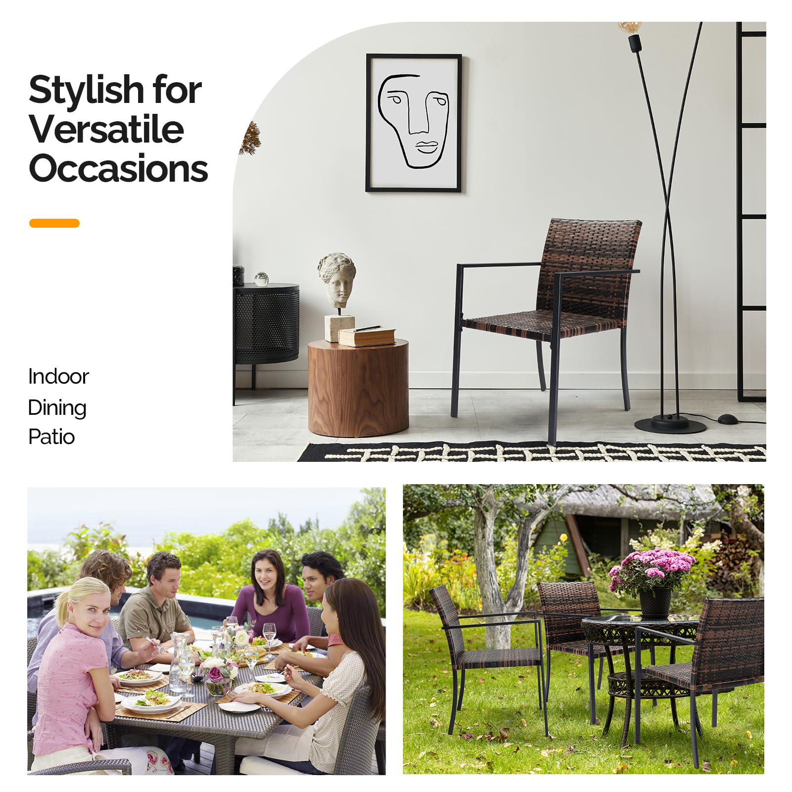 VINGLI Stackable Wicker Chairs Outdoor Dining Chairs Set of 4, All-Weather Patio Ratten Chairs Furniture for Garden Porch Backyard Deck Fire Pit, Capacity 350 lbs, Brown