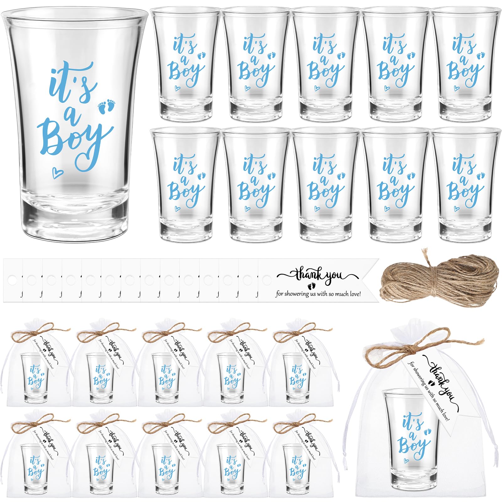 Pickmesh 50 Sets Baby Shower Favors Baby Boy Girl Theme Party Gift Include Short Glasses Acrylic Clear Shot Glasses Thank You Tag Organza Bag Twine Baby Shower Tea Party Favor for Gender Reveal (Boy)