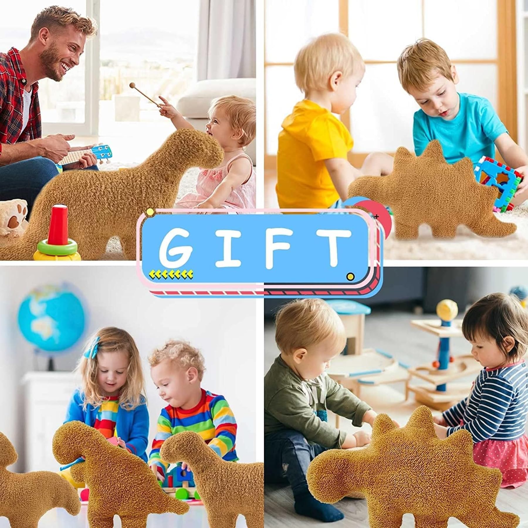 ULTHOOL 3PCS Dino Nugget Set Stegosaurus Brontosaurus Tyran rex Plush Toys, Dino Chicken Nugget Plushies Pillow, Creative Dinosaur Stuffed Animal Doll for Boys and Girls Birthdays Gift
