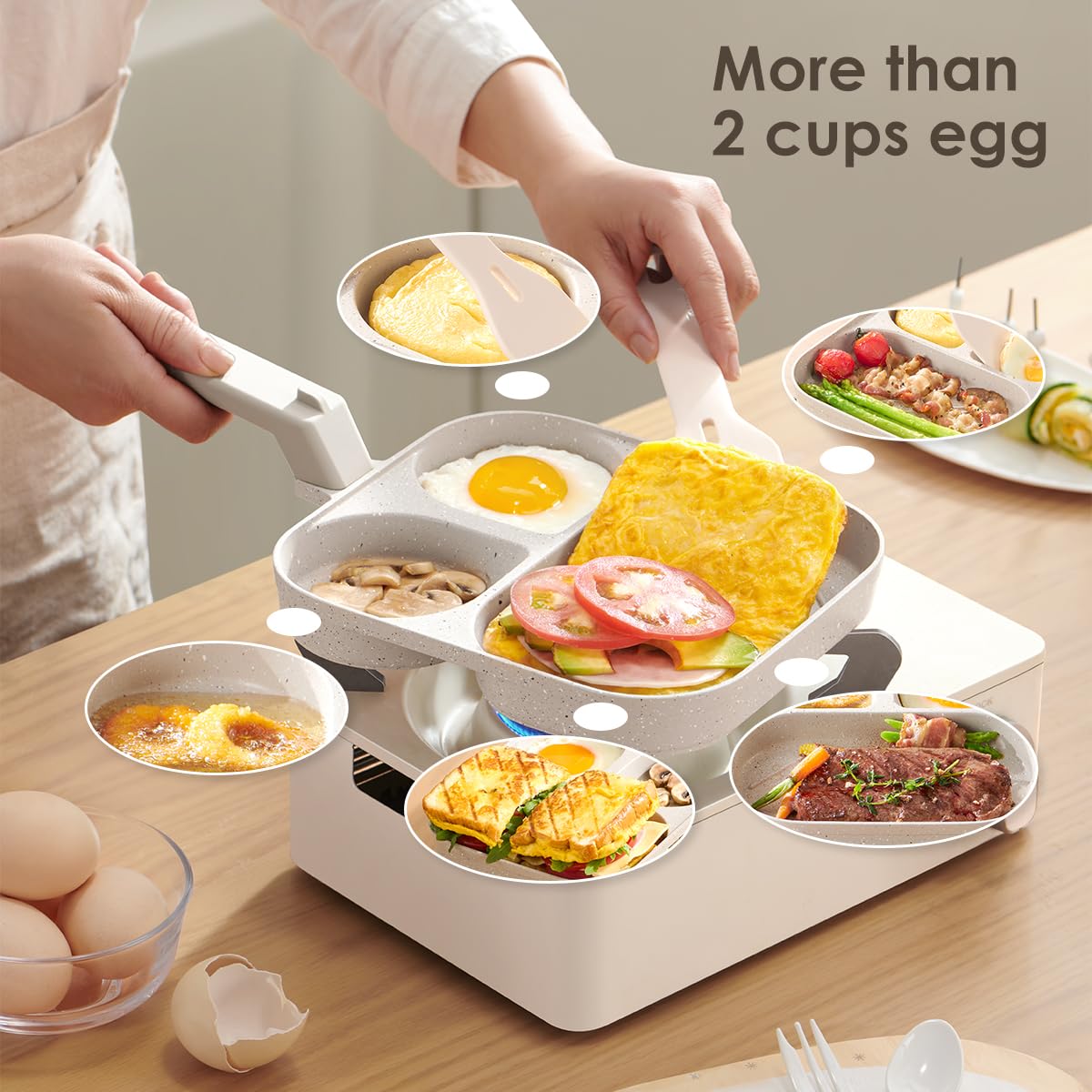 Taste plus Egg Pan Omelette Pan, Egg Frying Pan 3 Section, Nonstick Frying Pan for Breakfast, Compatible with Gas Stove & Induction Cookware, Light Grey