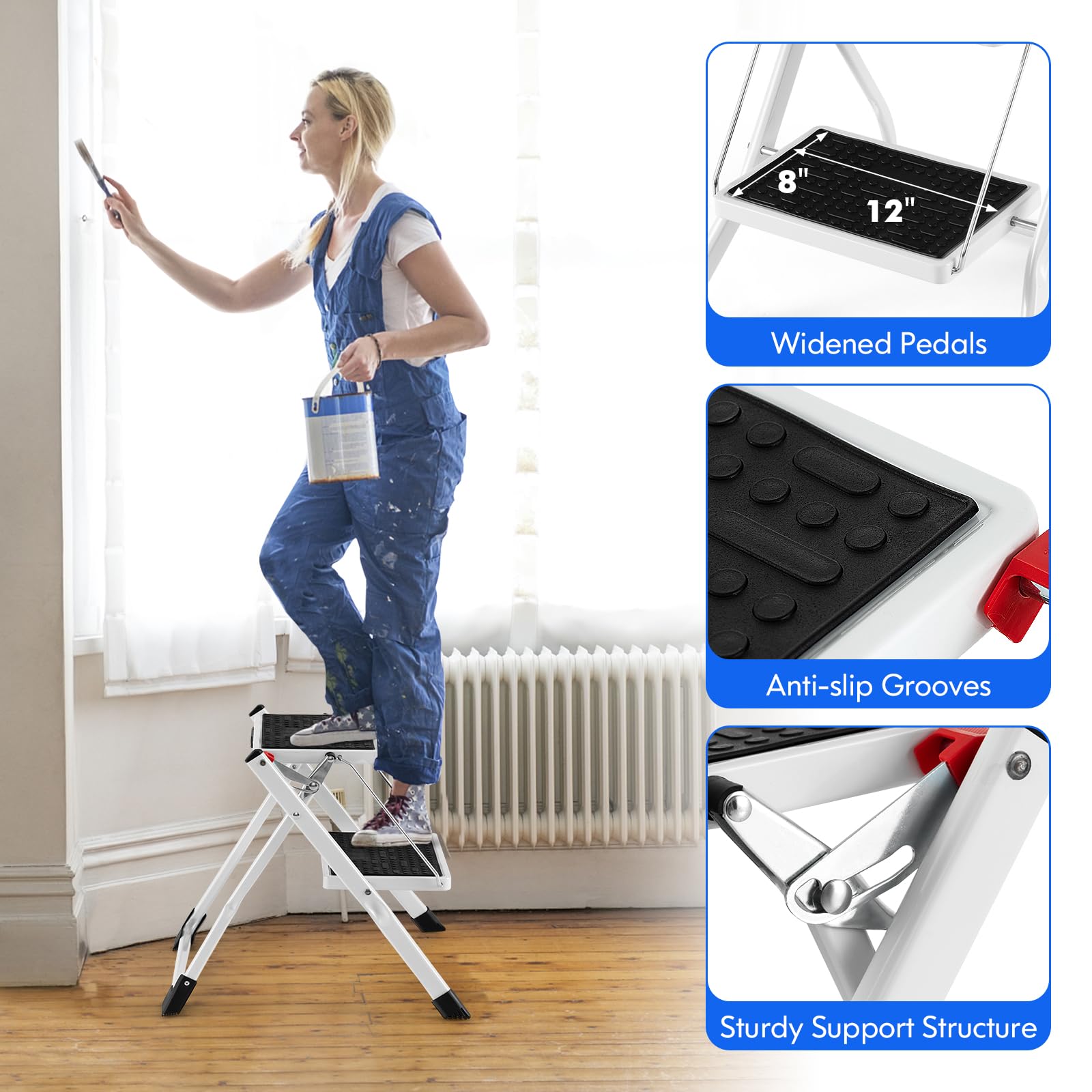 Goplus 2 Step Ladder, Lightweight Folding Step Stool with Anti-slip Pedals, Non-slip Foot Covers, Heavy Duty Metal Stepladder for Household, Kitchen, 330 LBS Weight Capacity, White & Black
