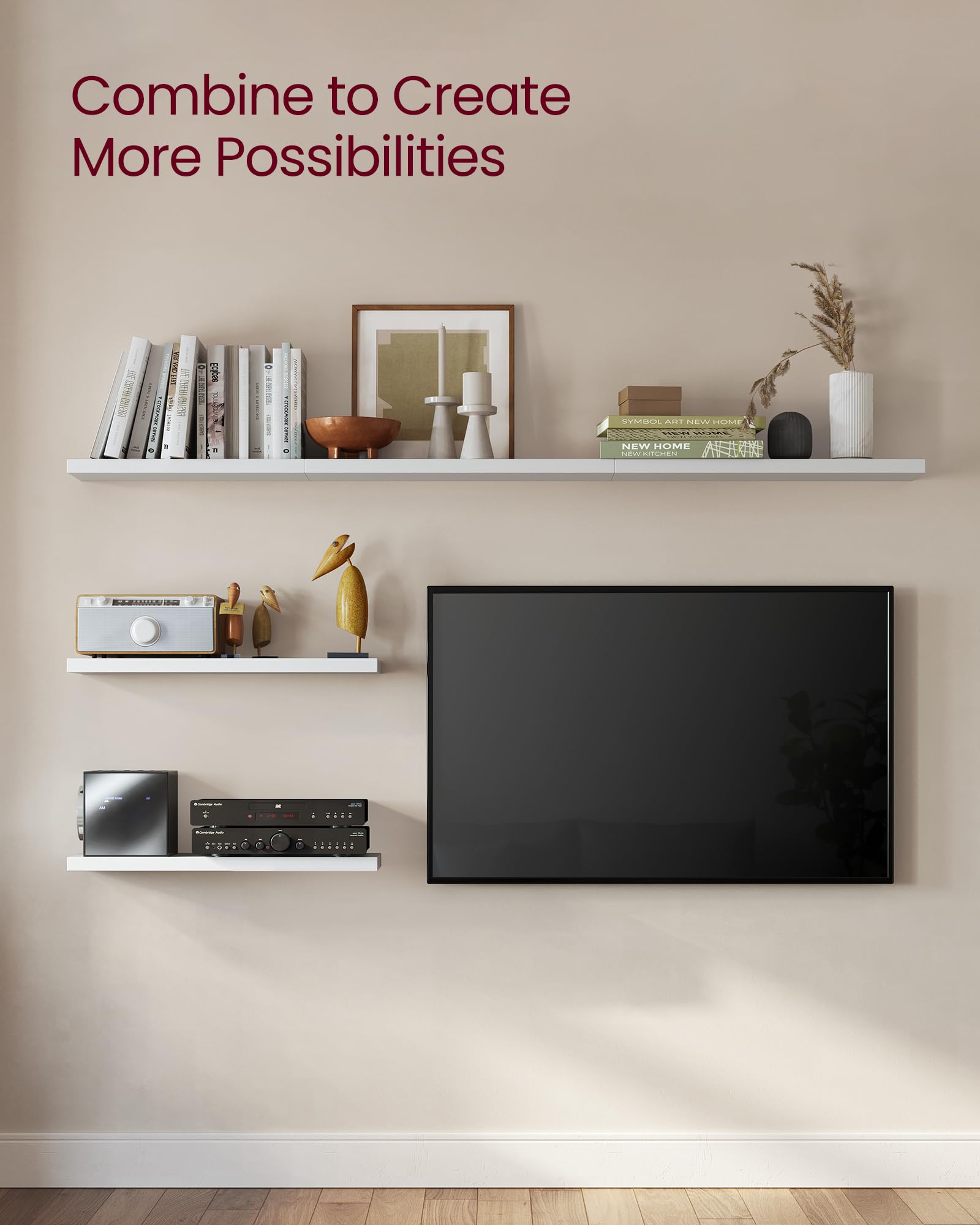 VASAGLE Wall Shelves Set of 2, Floating Shelves, Wall Mounted, 8 x 23.6 x 1.5 Inches, Display Shelves for Picture Frames, Wall Decor, Hanging Shelf for Living Room, Kitchen, White ULWS056W01