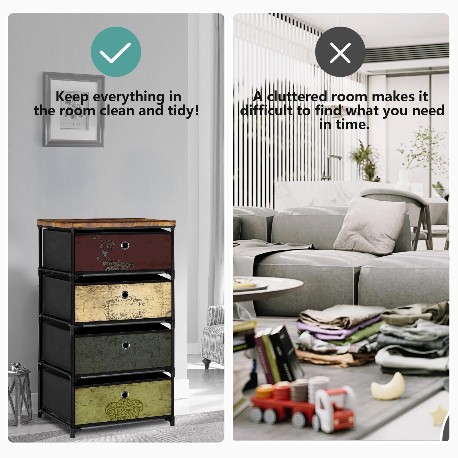 VASICAR Set of 2 Nightstands with 4 Drawers, Beside Table, Clothes Organizer, Storage Tower Unit, Small Fabric Dresser for Bedroom, Living Room, Closet, Entryway, Hallway, Nursery