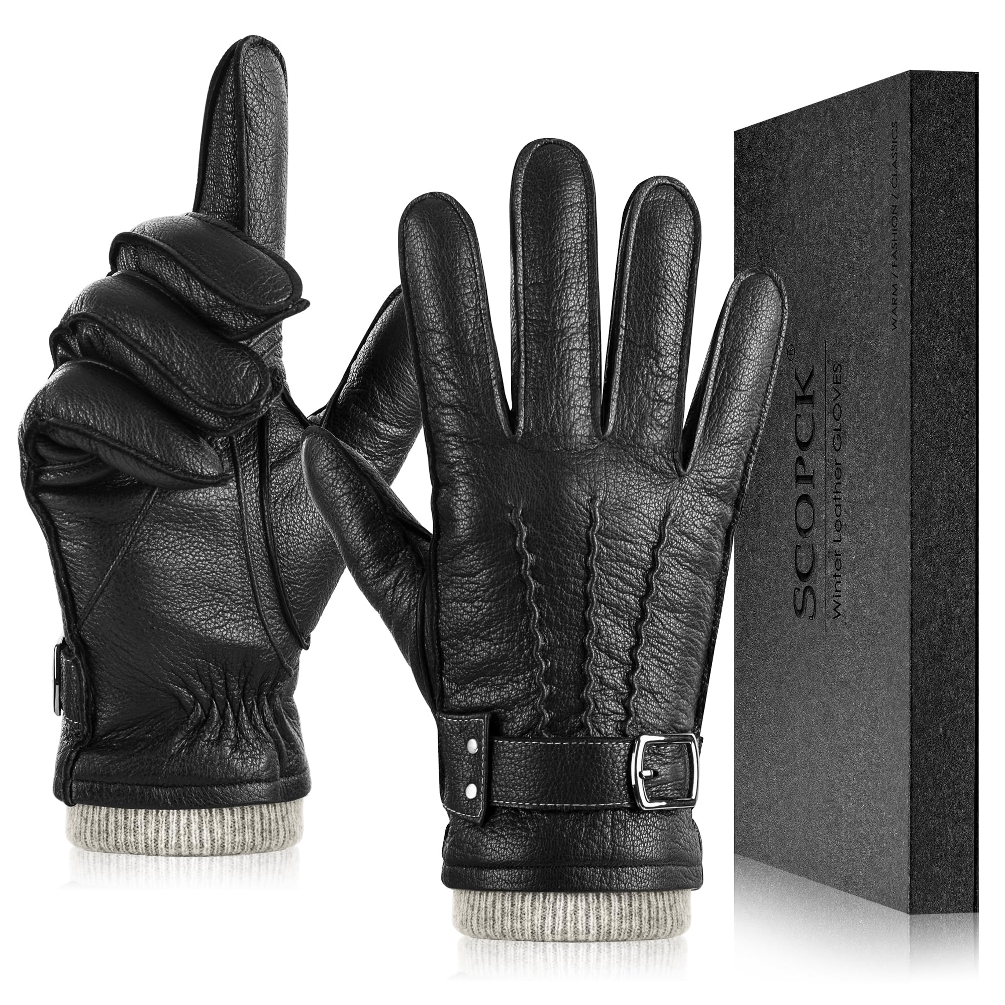 Genuine Sheepskin Leather Gloves for Men, Winter Warm Touchscreen Texting Driving Motorcycle Cashmere Lined Gloves (Black, XXL)