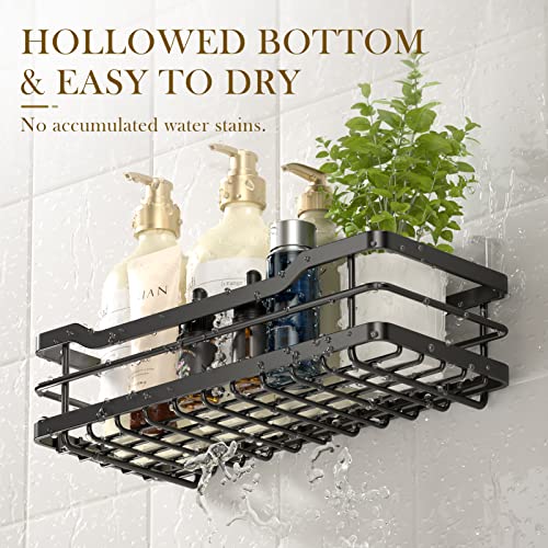TOPCHASE Shower Caddy Bathroom Shower Organizer, Black Adhesive Shower Shelves for Inside Shower, 2 Pack Stainless Steel Shower Organization Basket With Soap Holder, Hooks, No Drilling Shower Storage