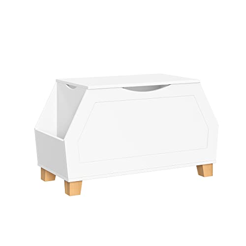 RiverRidge Kids Catch-All Collection Toy Box with Side Book Shelves Child-Safe Toy Storage Organizer With Childrens Bookshelf Side Slots For Kids Game And Book Storage - White