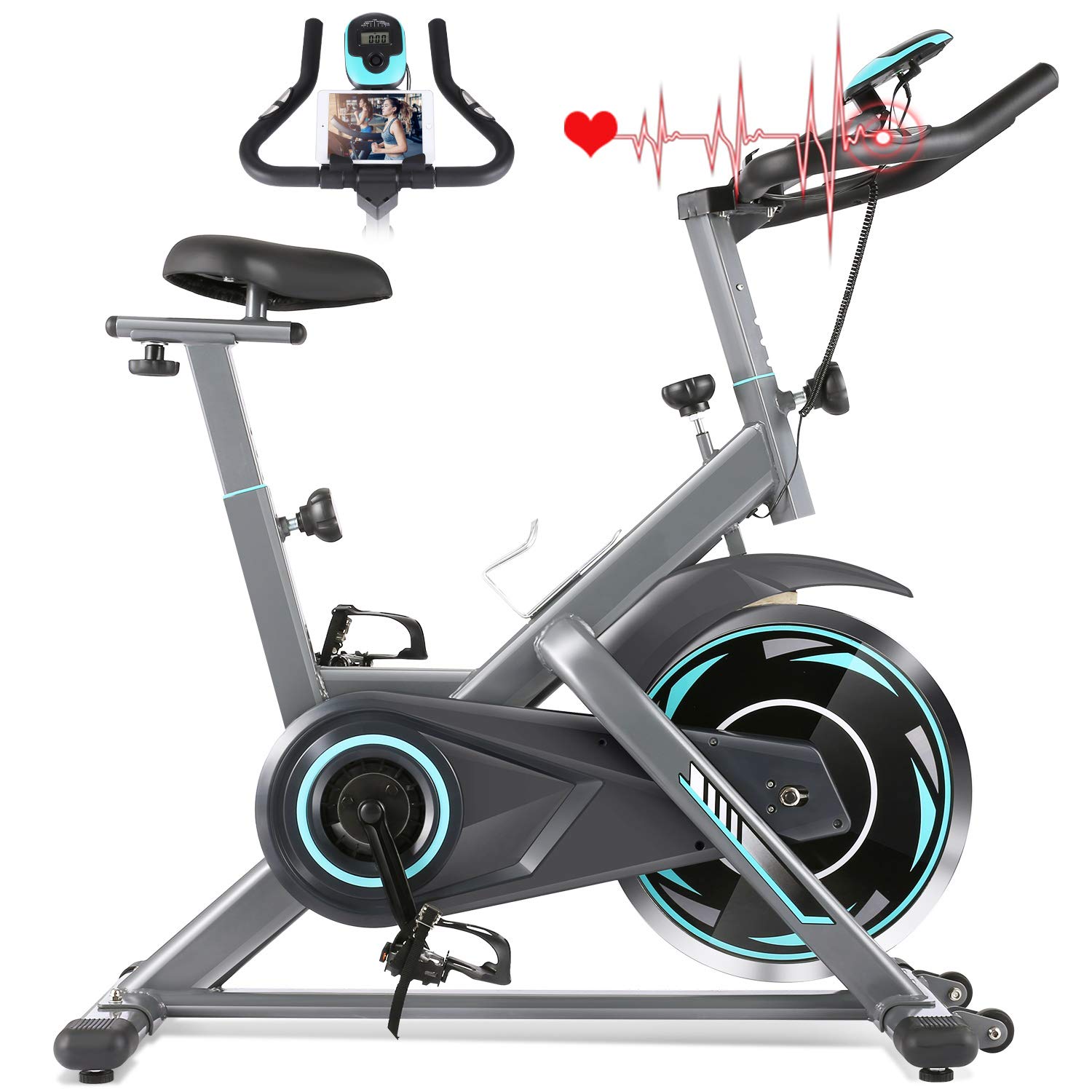 FUNMILY Indoor Exercise Bike Stationary, Cycling Bike-Belt Drive with Heart Rate Monitor & LCD Monitor, Comfortable Seat Cushion, Flywheel- Commercial Standard for Home Cardio Workout (Silver)