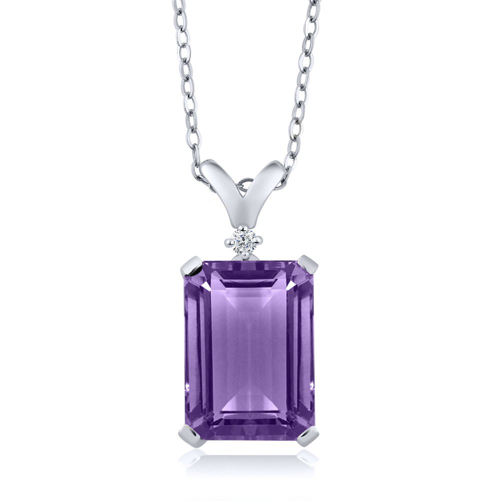 Gem Stone King 925 Sterling Silver Purple Amethyst and White Diamond Pendant Necklace For Women (6.27 Cttw, Gemstone Birthstone, Emerald Cut 14X10MM, With 18 Inch Silver Chain)