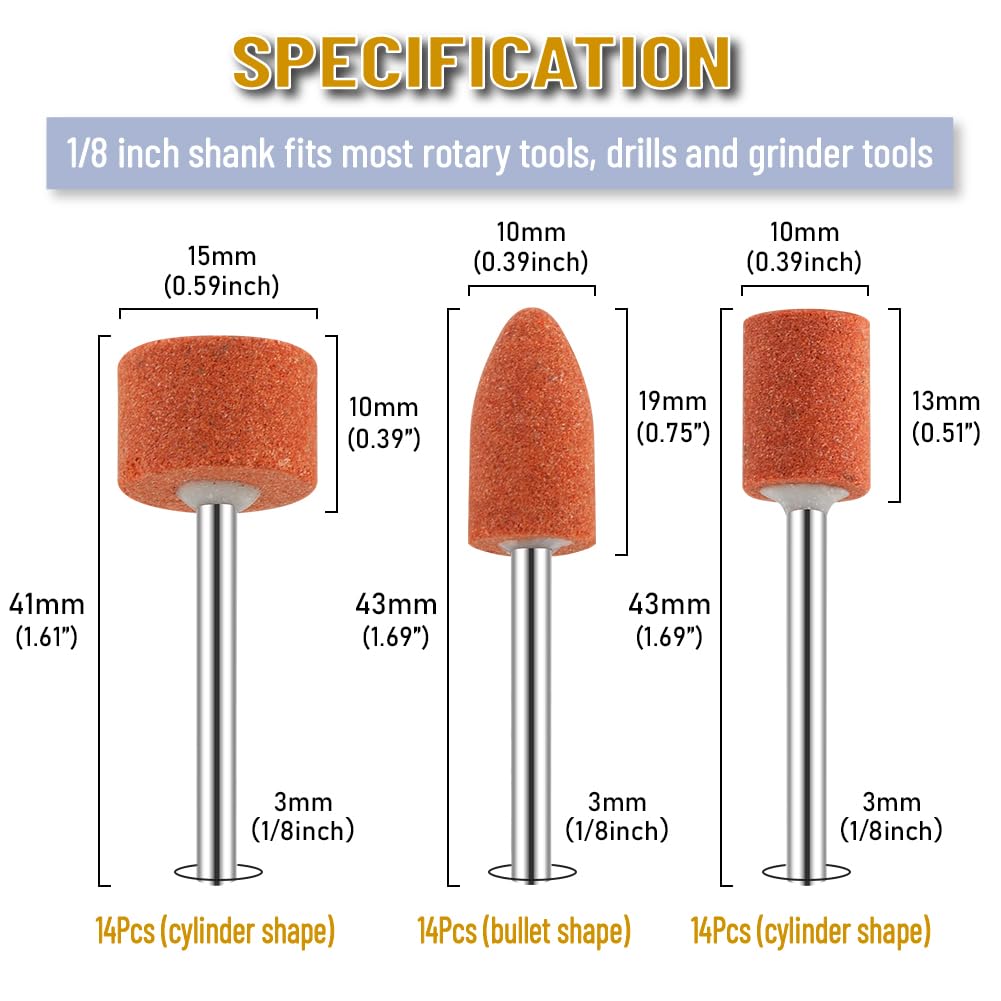 Sanding Bits for Rotary Tool, 42Pcs Different Shape Grinding Stone Sanding Drill Bits with 1/8 inch Shank, Aluminium Oxide for Metal Rust Removal, Deburring, Smoothing, Sharpening