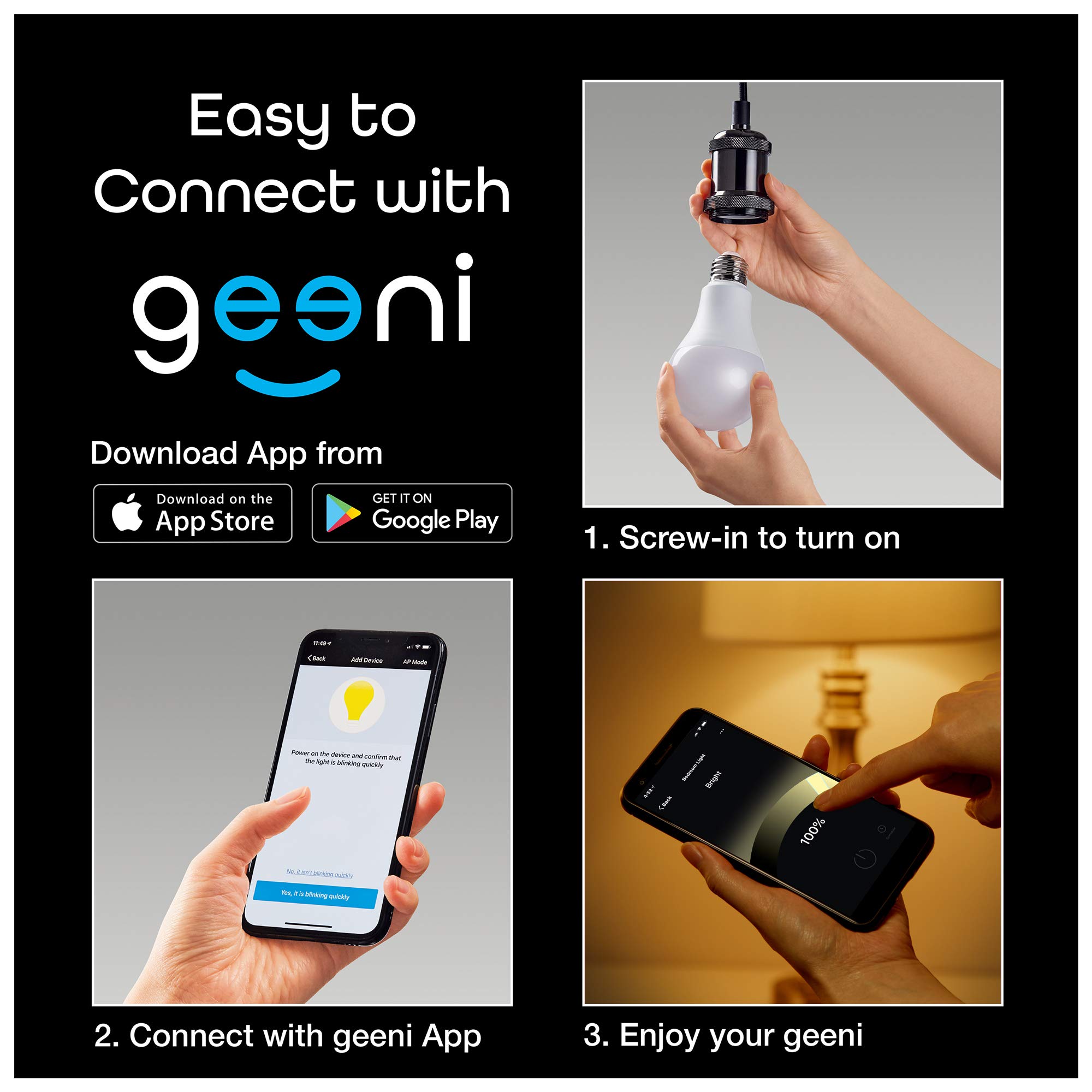 Geeni A19 (3 Pack) White LED Smart Light Bulbs, Dimmable, Works with Alexa and Google Home, Requires 2.4GHz Wifi