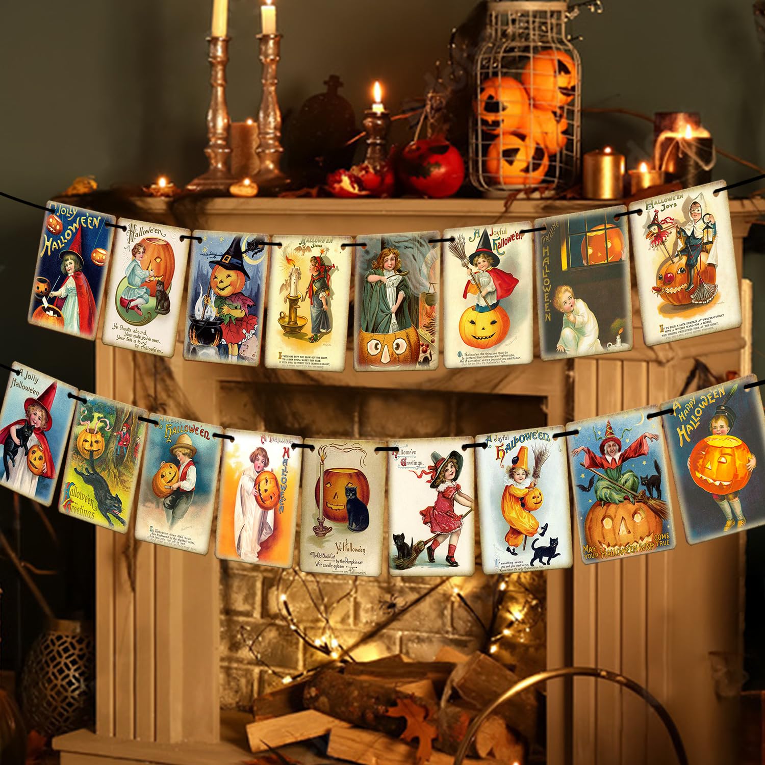 Vintage Halloween Banner Halloween Decorations Victorian Style Pumpkin Banner - 17Pcs Happy Halloween Banner Trick or Treat Bunting Flag Garland Indoor for Holiday Home Office Party Fireplace,