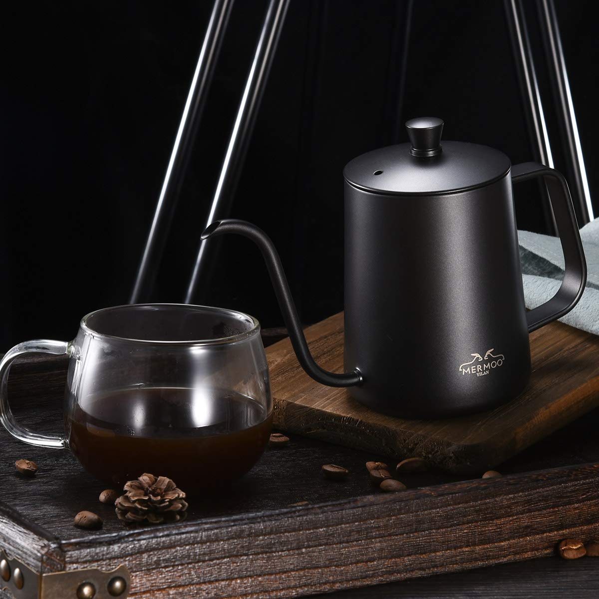 MERMOO YILAN Gooseneck Coffee Kettle 21oz Pour Over Drip Pot 600ml Long Narrow Spout Stainless Steel Water Dripper Kettle for Tea & Coffee(Black)