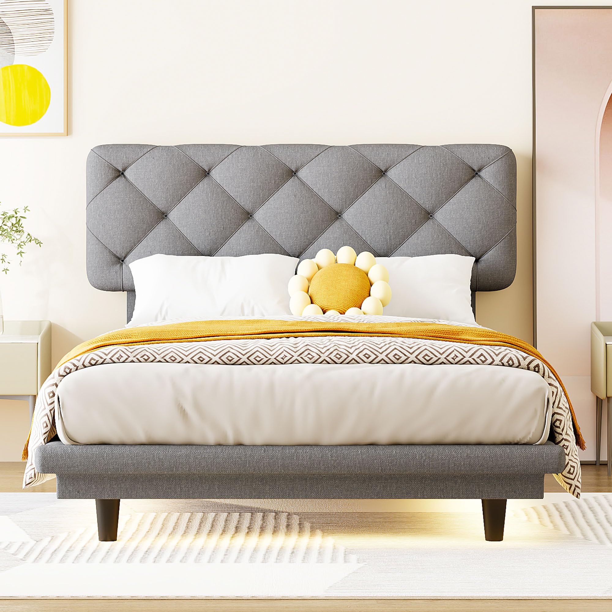 Twin Size Floating Platform Bed, Wooden Bed Frame with Light Stripe, Upholstered Bed with Soft Linen Fabric and Button-Tufted Design Headboard, Twin Platform Bed for Kids Teens Adult Bedroom, Grey.