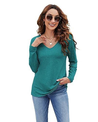 Sherosa Womens V Neck T Shirts Long Sleeve Cotton Cute Soft V Neck Tee Blue Green L