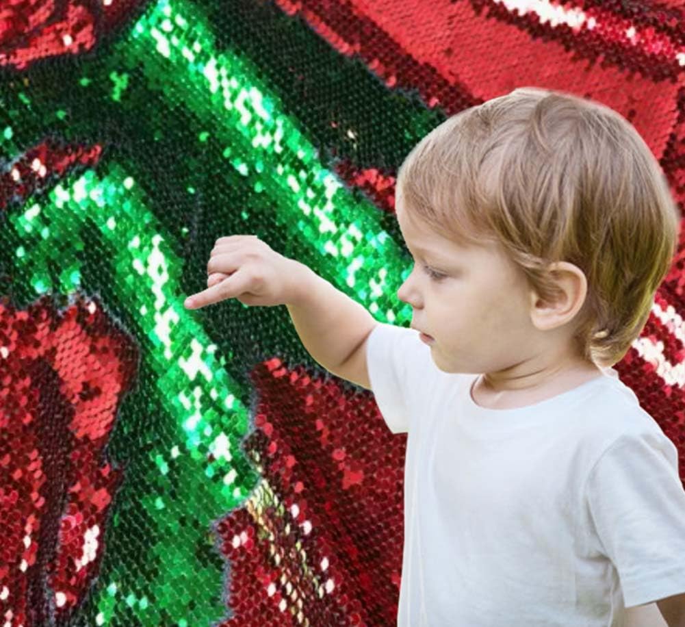 Sequin Fabric Sensory Wall 5mm High Density Reversible Sequin Fabric for Kids Fabric by The Yard Christmas Colors(1 yd, Red to Green
