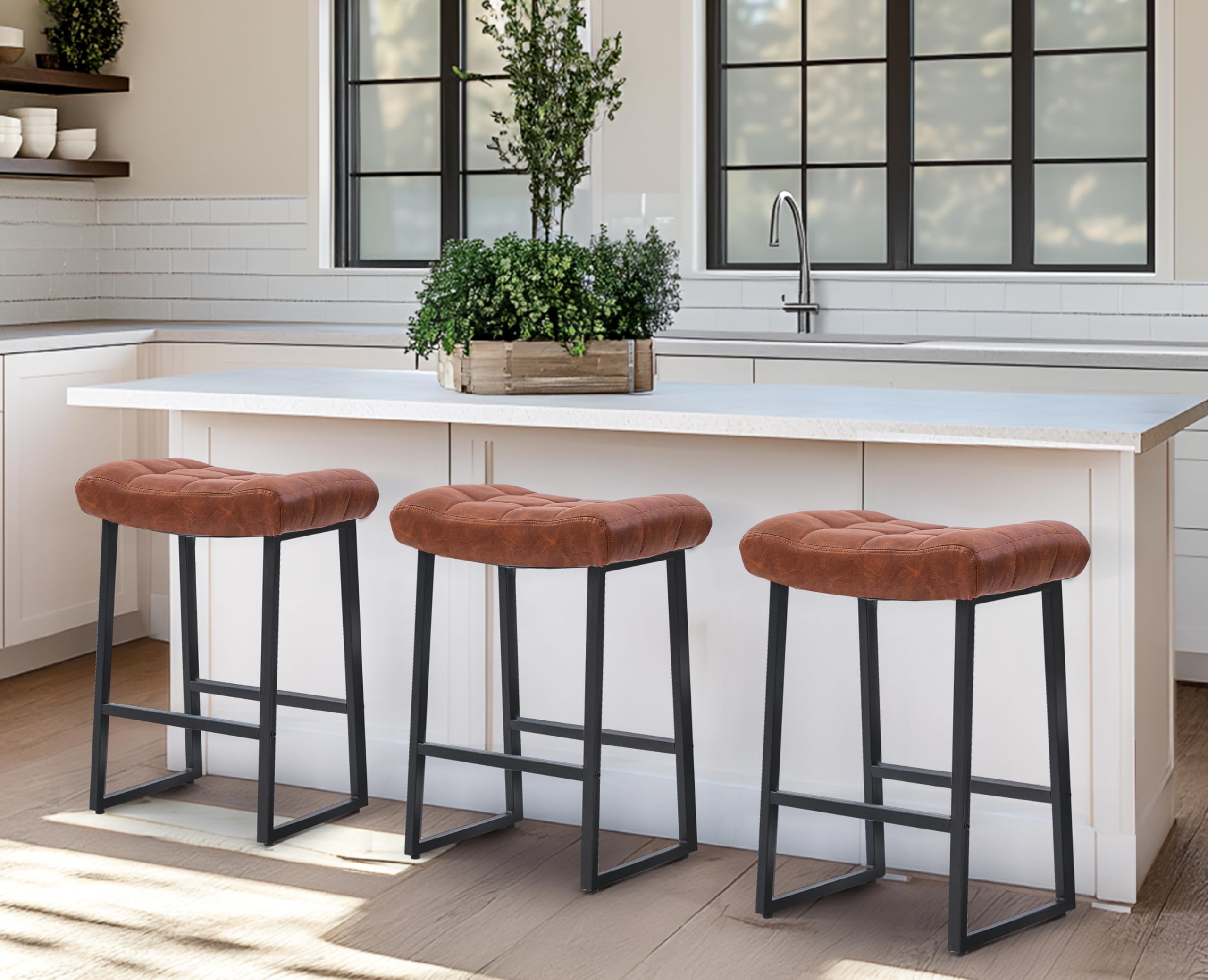 RNKSFX White & Gold Counter Height Bar Stools Set of 3 for Kitchen Counter Modern Backless Barstools with Upholstered Faux Leather Seat and Metal Frame Industrial 24 inch Bar Chairs