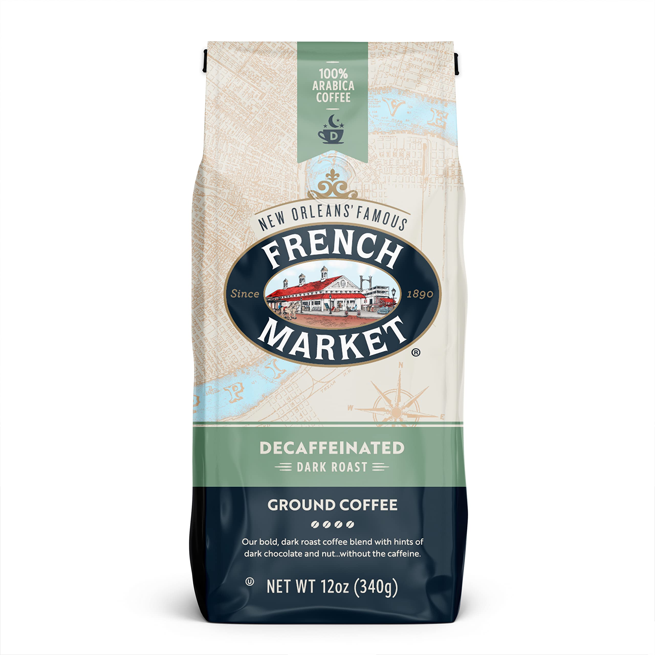 French Market Coffee, Decaf Coffee Ground, 12 oz Bag