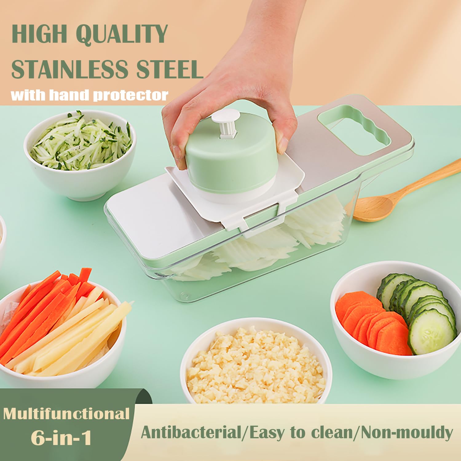 GMELOV Mandoline Slicer for Kitchen, 6-in-1 Multi Functional Food Chopper Vegetable Cutter with Container, Adjustable Onion Cutter Veggie Slicer Cheese Grater Garlic Grinder with 6 Blades（Green）