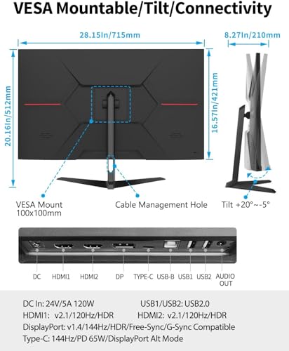 FYHXele 4K Gaming Monitor 144Hz 32inch, Fast UHD IPS Computer Monitor, 1ms, VESA Mountable, DSC, Built-in Speakers, Free-Sync, 1xDP1.4, 1xHDMI2.1, 1xHDMI2.0, 1xUSB-C, USB Hub, 95% DCI-P3, HDR400